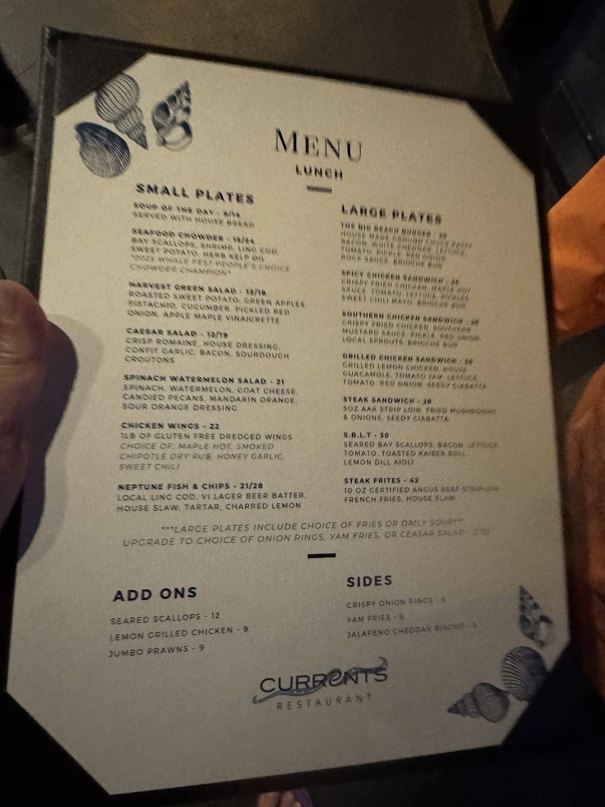 Menu at Currents Restaurant, Ucluelet