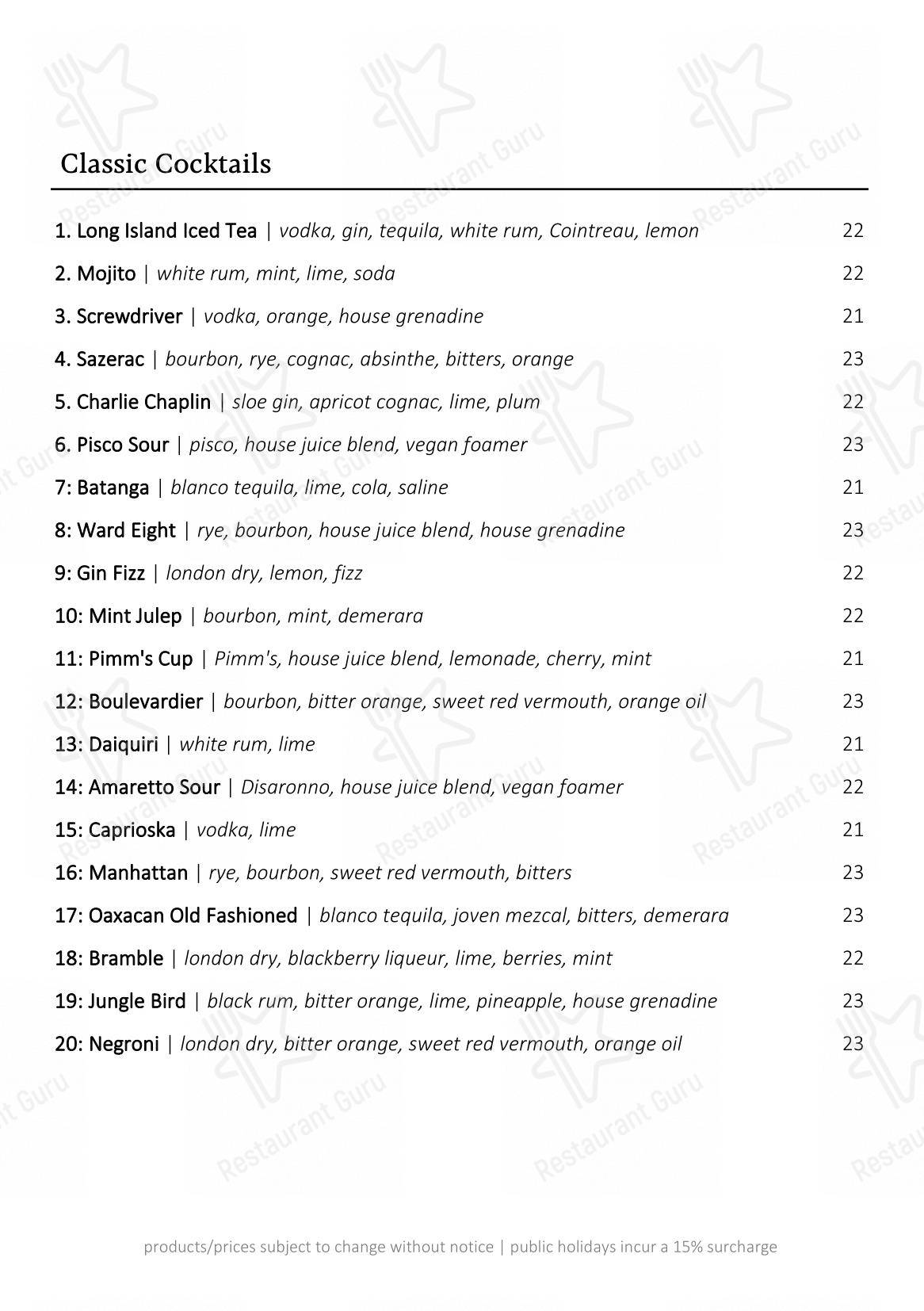 Menu at Ugly Baby restaurant, Perth