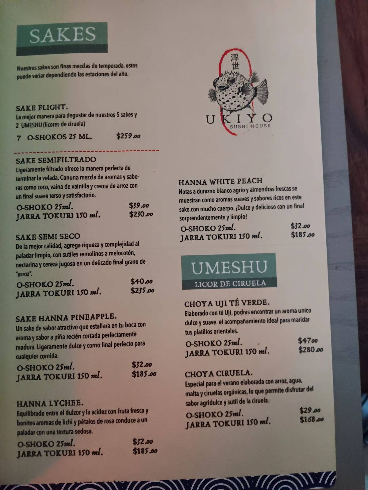 Carta del restaurante Ukiyo Sushi House, Rosarito