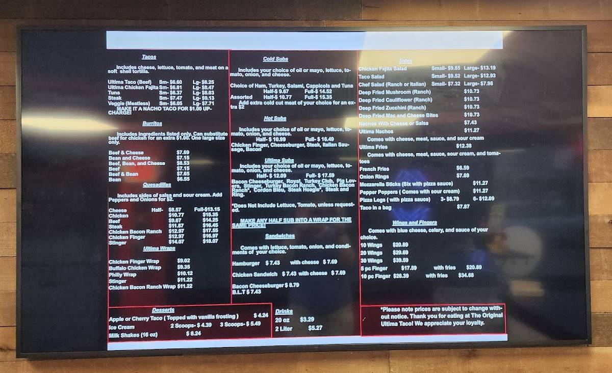 Menu at Ultima Taco restaurant, West Seneca, 507 Center Rd