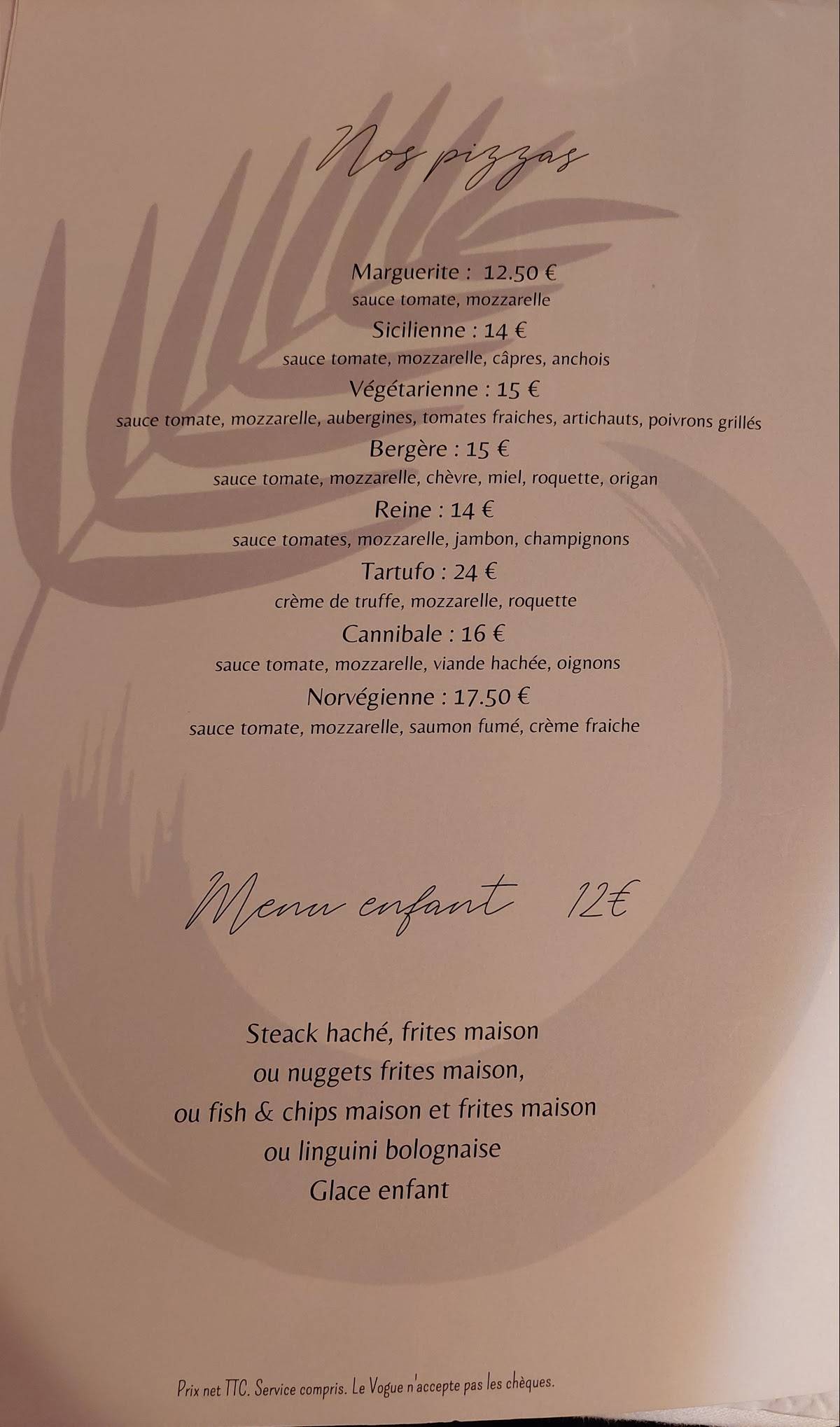 Menu at Le Vogue restaurant, Antibes