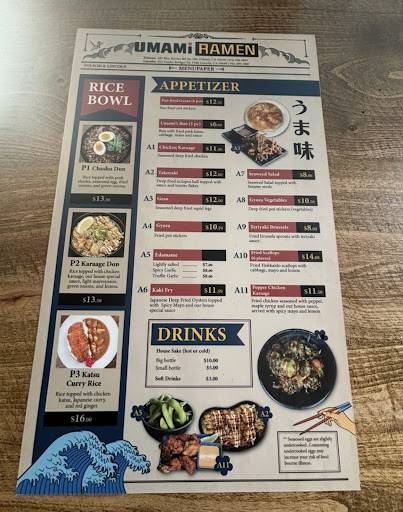 Menu at Umami Ramen restaurant, Folsom