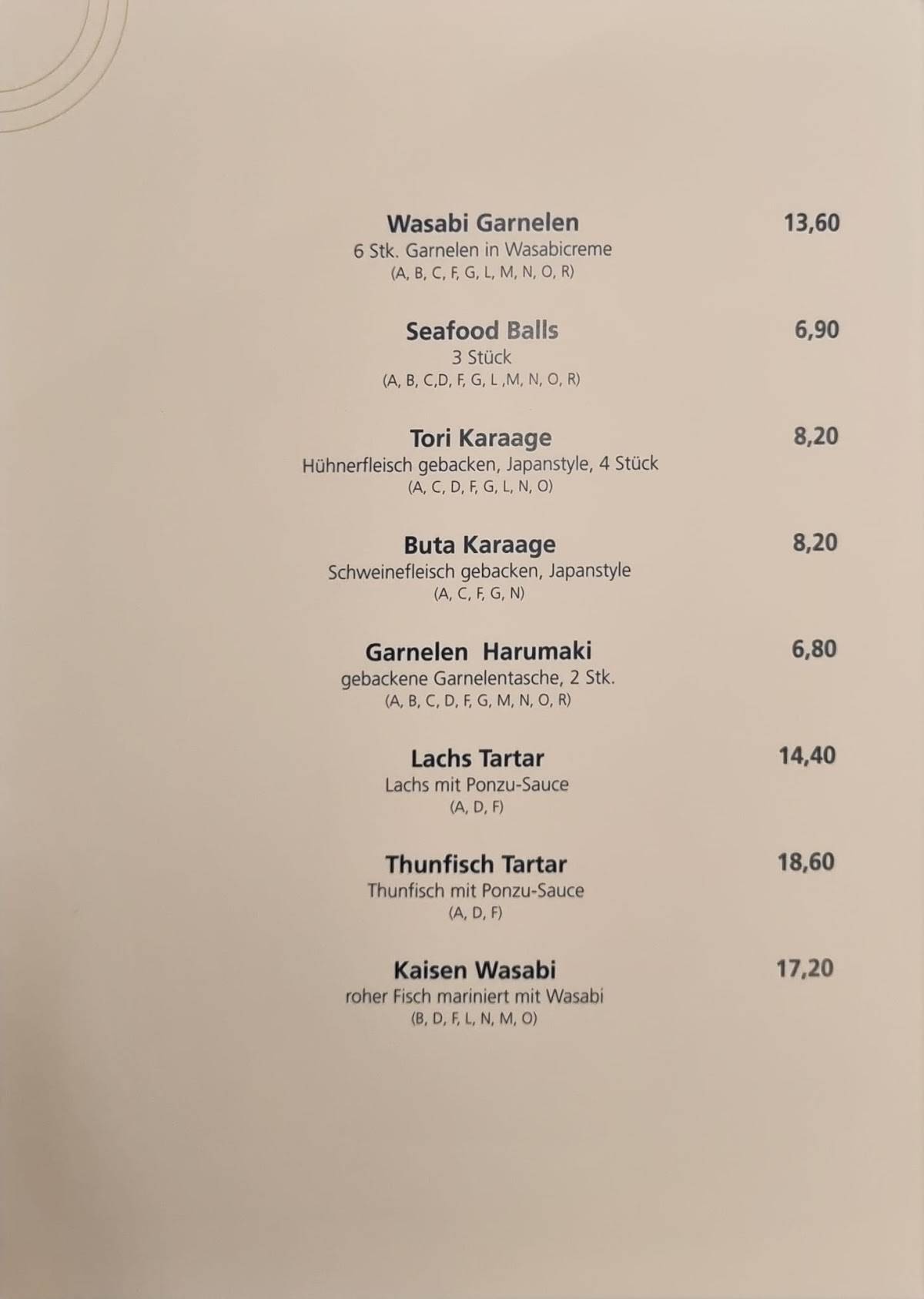 Menu at Umaya restaurant, Innsbruck