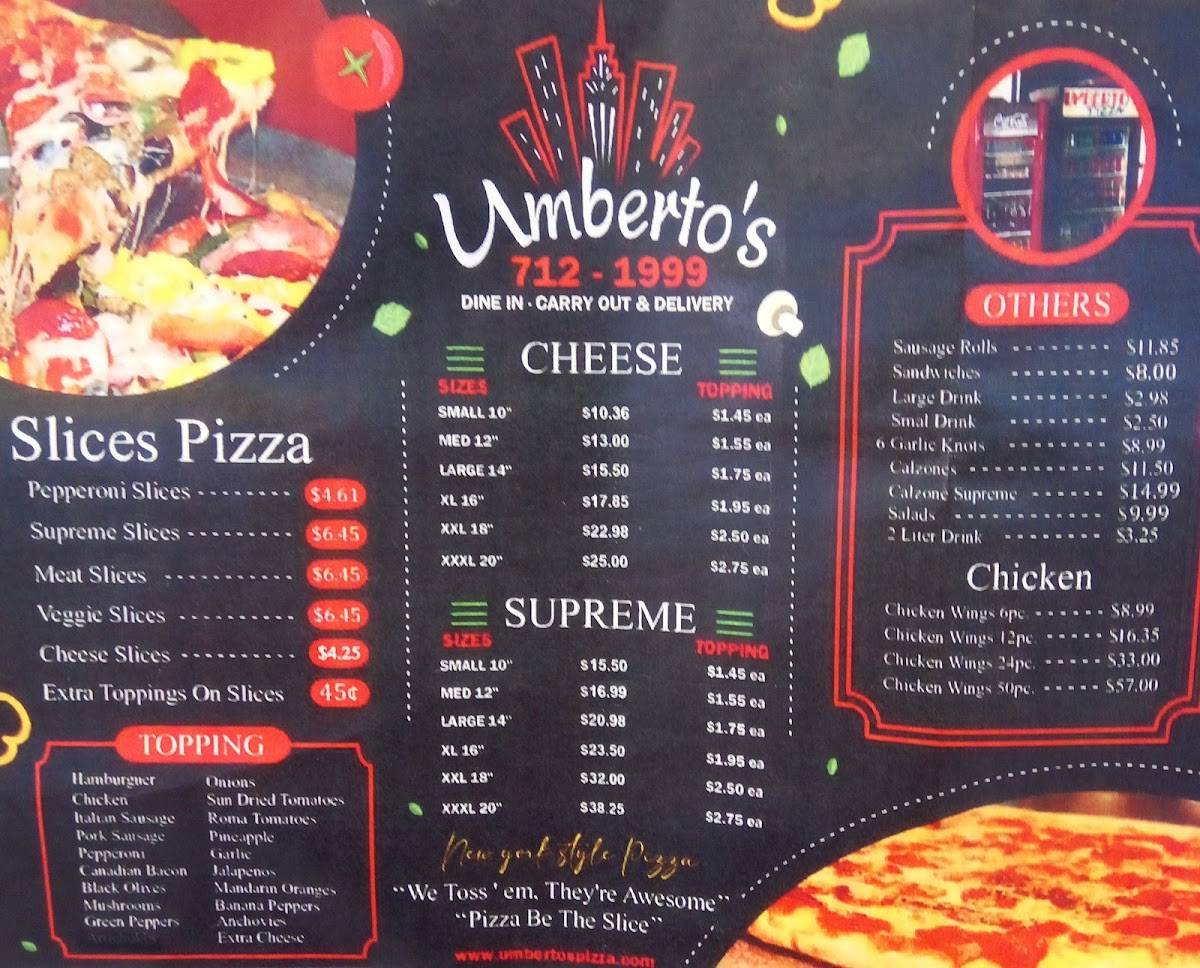 Menu at Umberto's pizzeria, Tulsa, S Harvard Ave