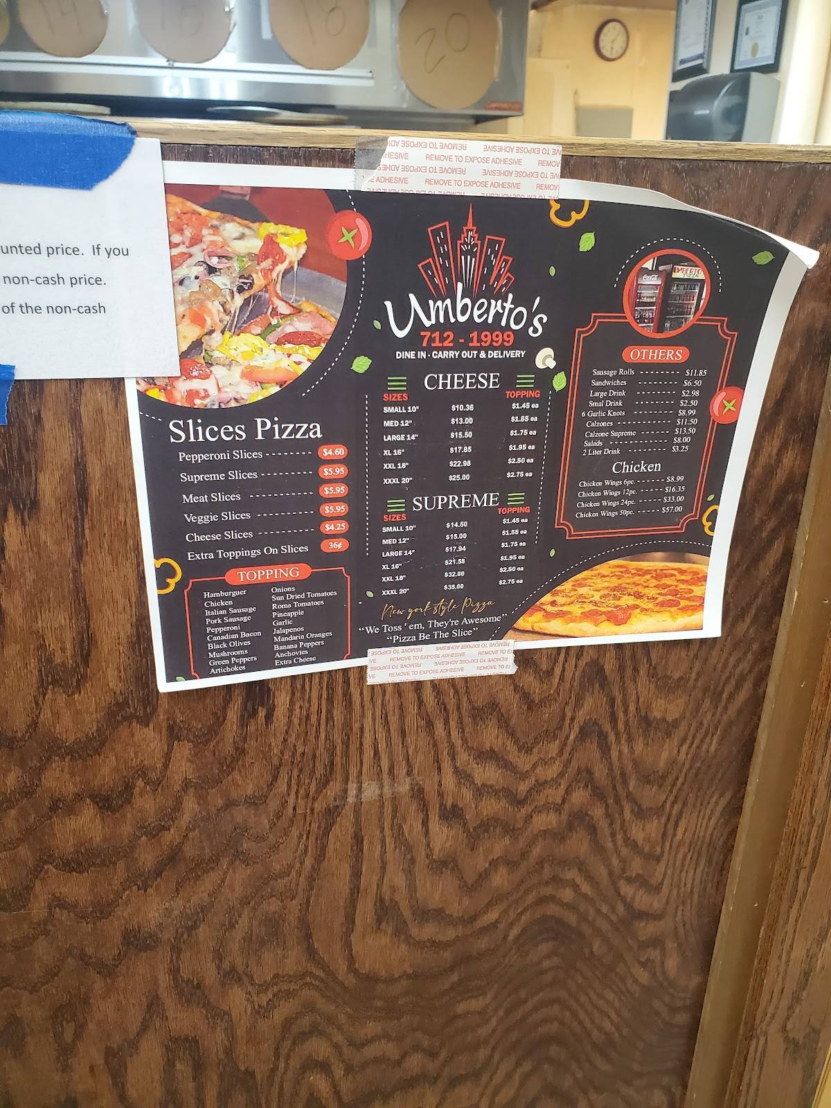 Menu at Umberto's pizzeria, Tulsa, S Harvard Ave