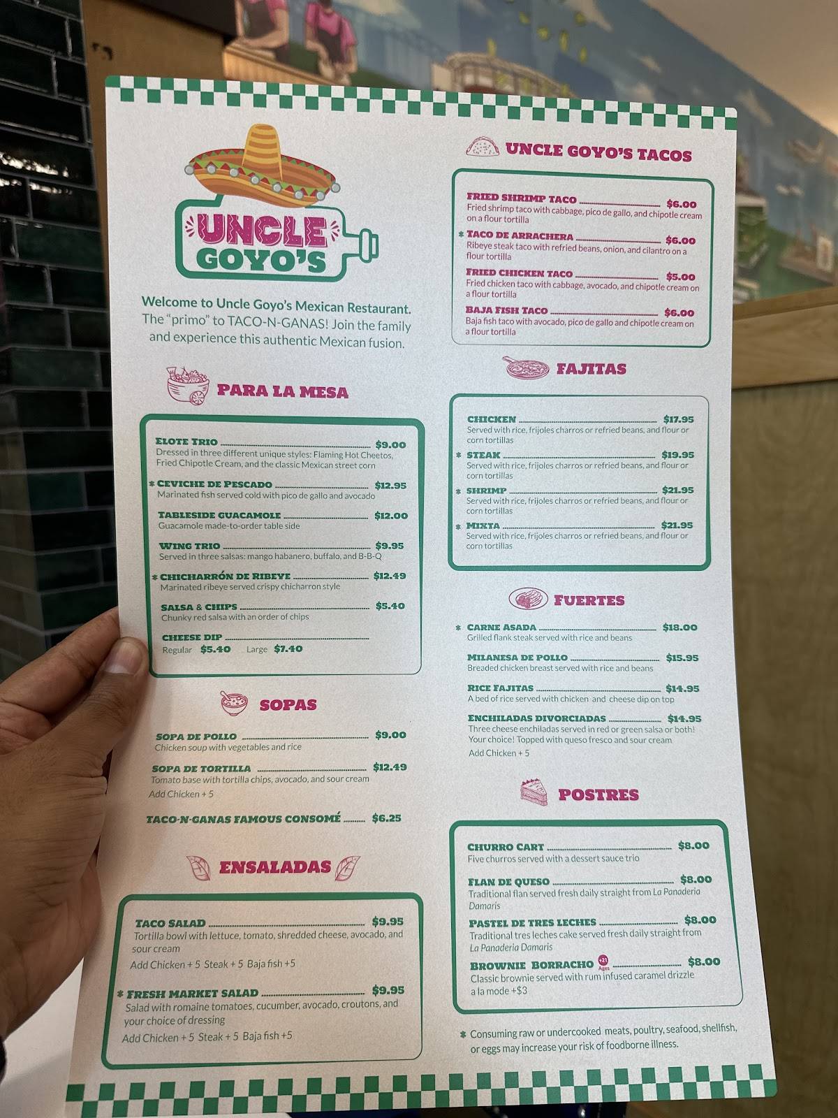 Menu at Uncle Goyo's restaurant, Germantown