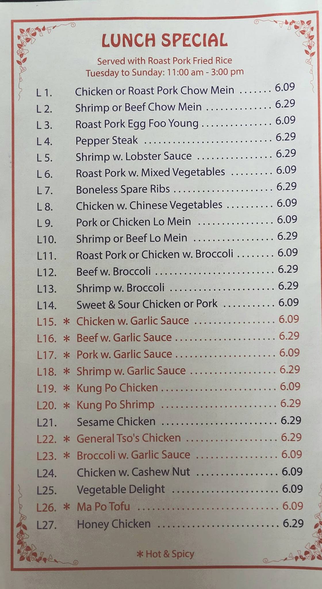 Menu at Uncle Jiang restaurant, Pensacola