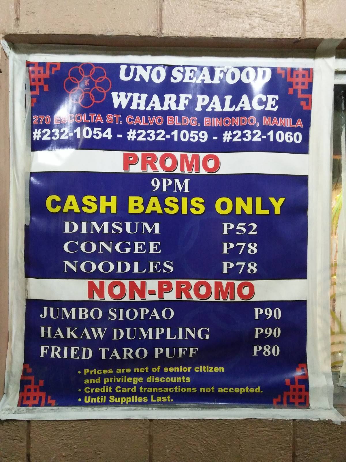 Menu at Uno Seafood Wharf Palace restaurant, Manila