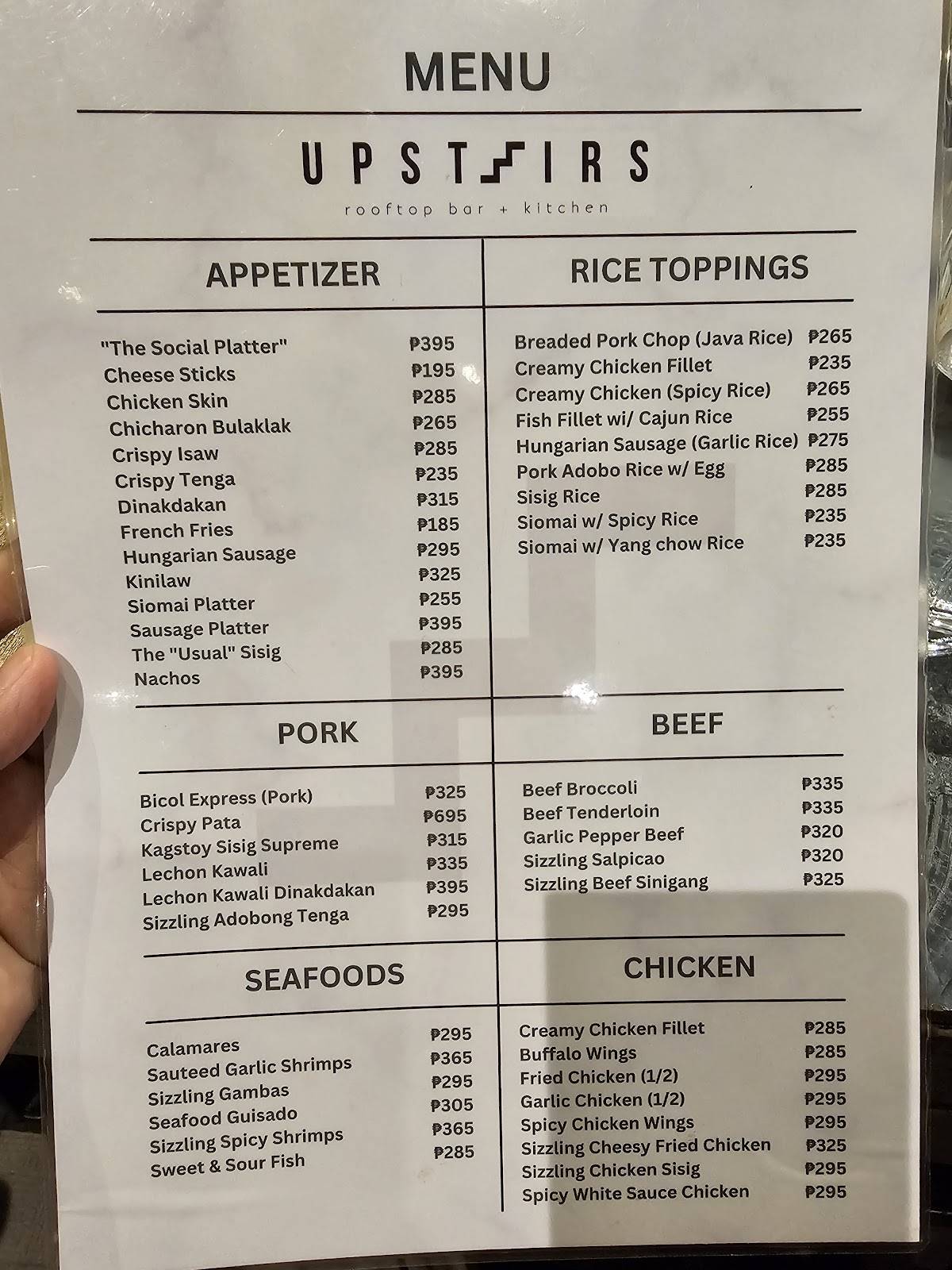 Menu at Upstairs Rooftop Bar Kitchen, Davao City, Erloom Building