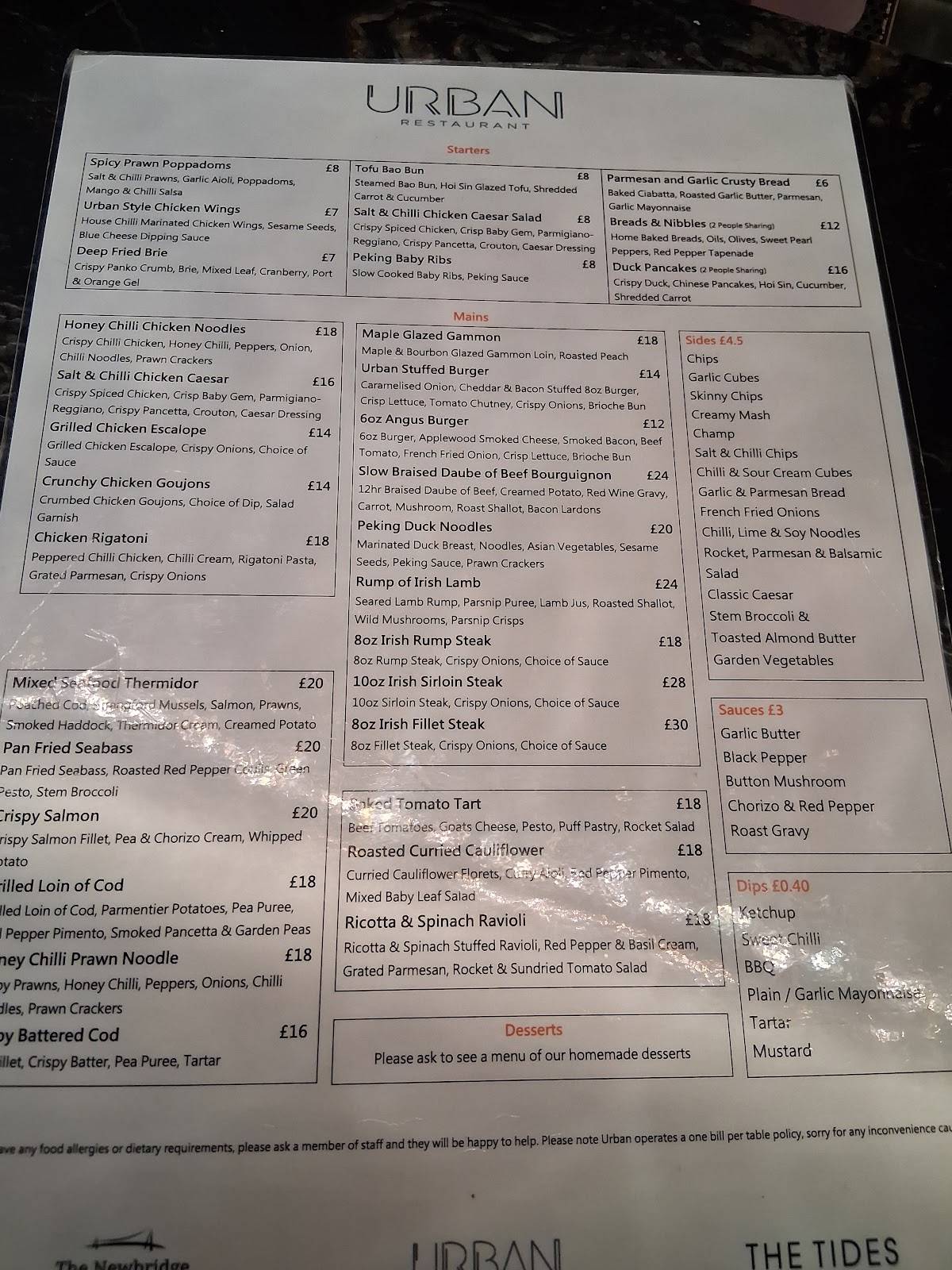 Menu at Urban Restaurant, Portrush