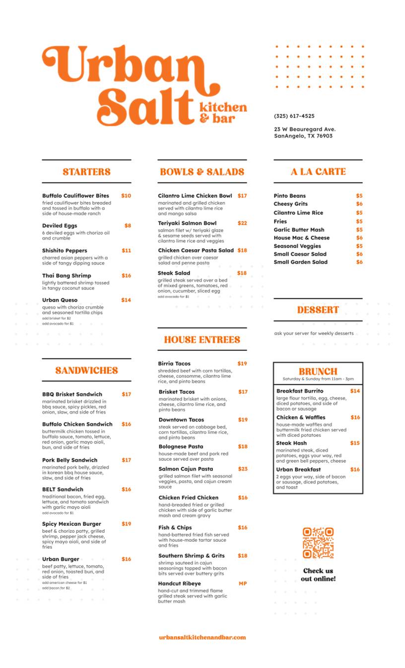 Menu at Urban Salt Kitchen & Bar, San Angelo