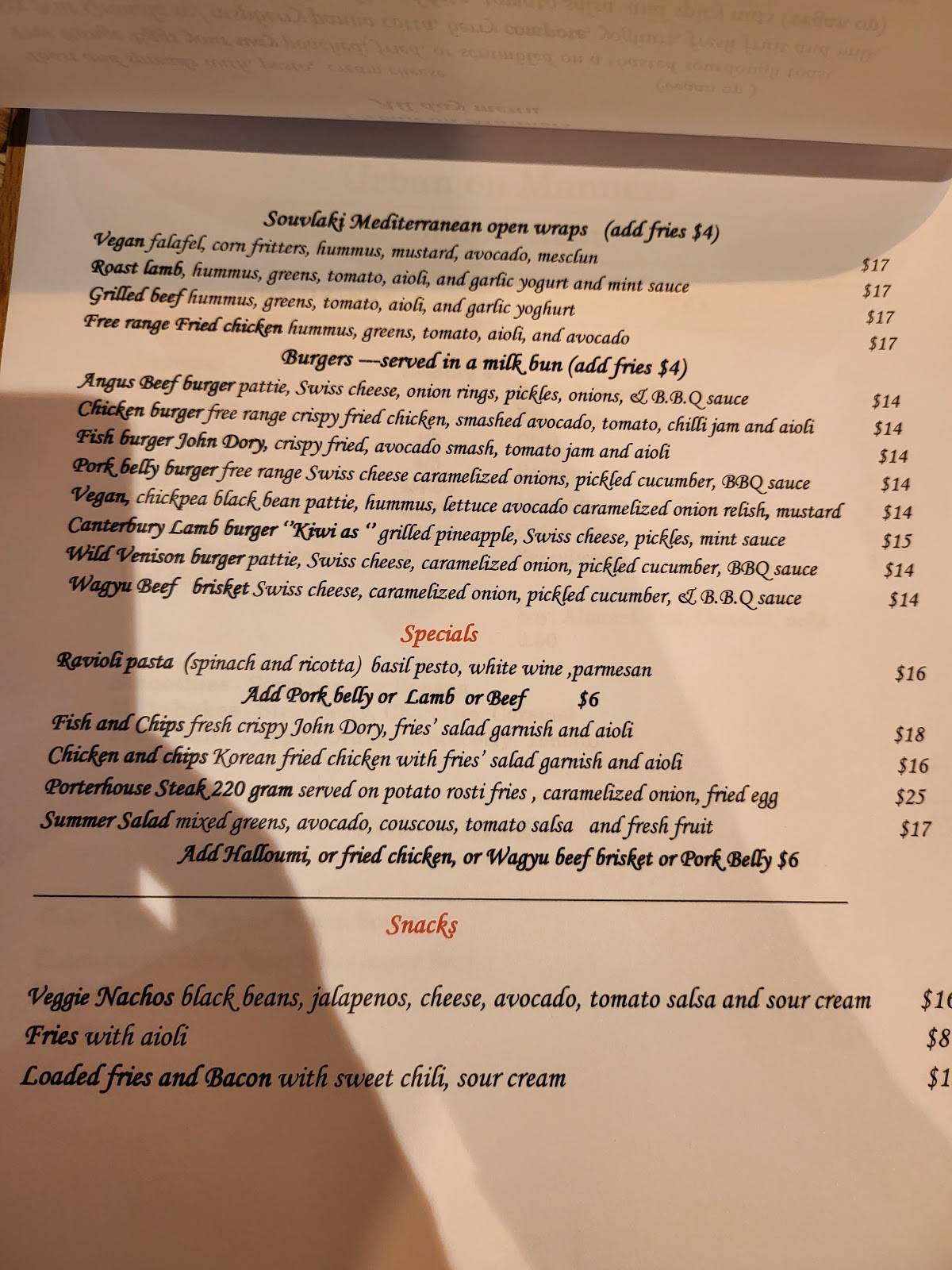 Carta del café Urban on Manners, Wellington