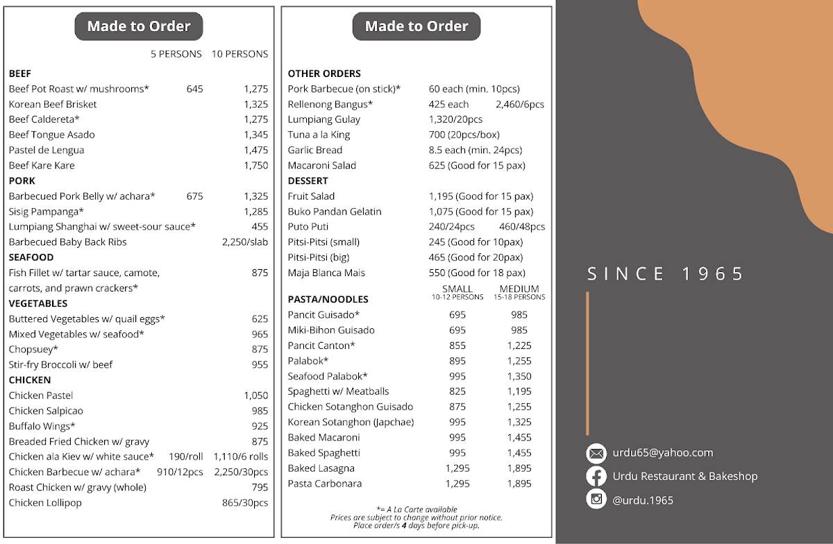 Carta de Urdu Restaurant & Bakeshop (Main store), Tarlac