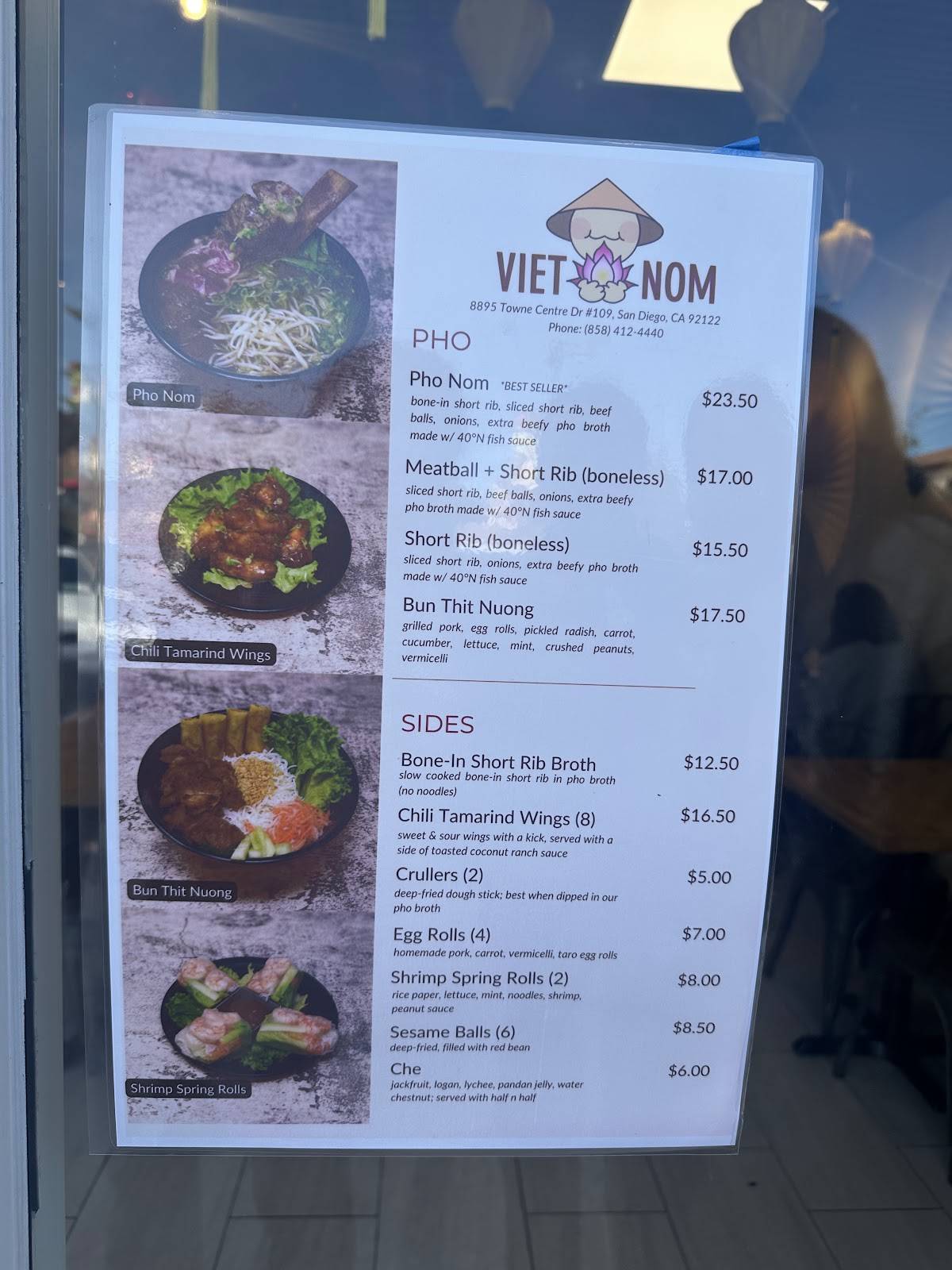 Menu at VIET NOM restaurant, San Diego