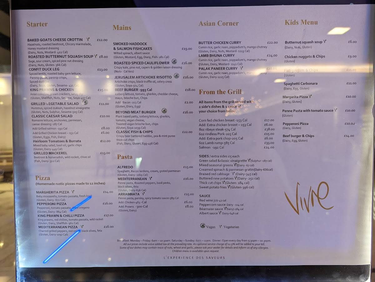 Menu at VIVRE restaurant, Longford, Terminal 5 london heathrow airport