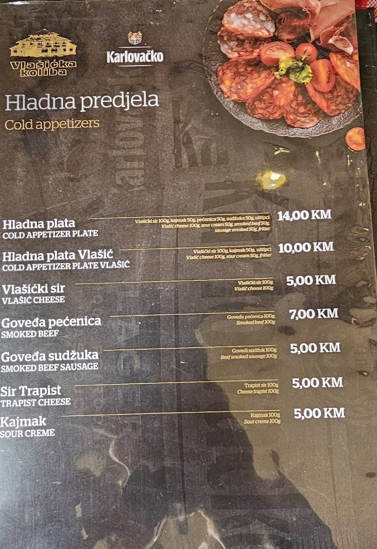 Menu at VLAŠIĆKA KOLIBA restaurant, Šišava
