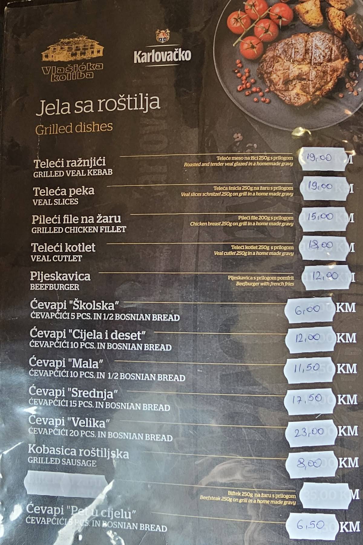 Menu at VLAŠIĆKA KOLIBA restaurant, Šišava