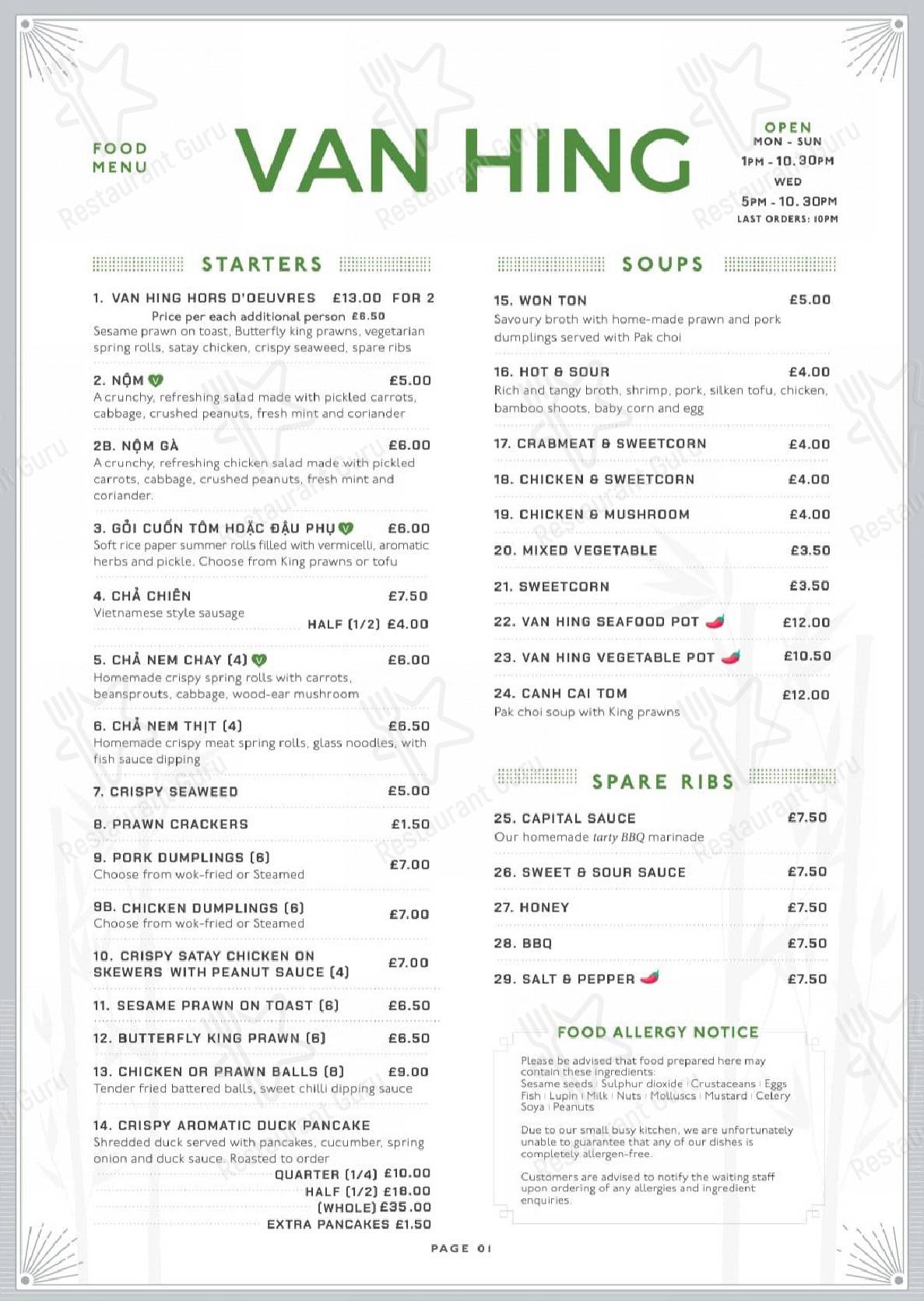 Menu at Van Hing restaurant, London