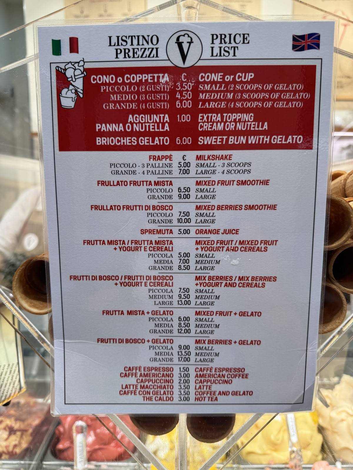 Menu au Vanilla Gelati Italiani desserts, Milan, Via Pattari