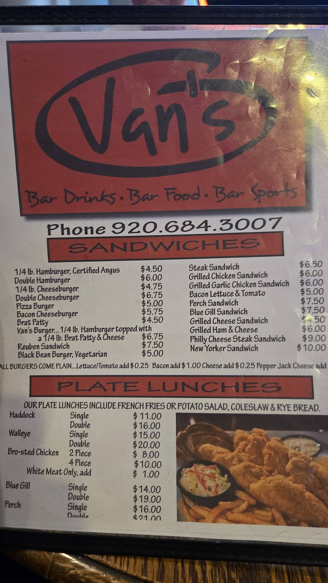 Menu at Van's Bar, Manitowoc