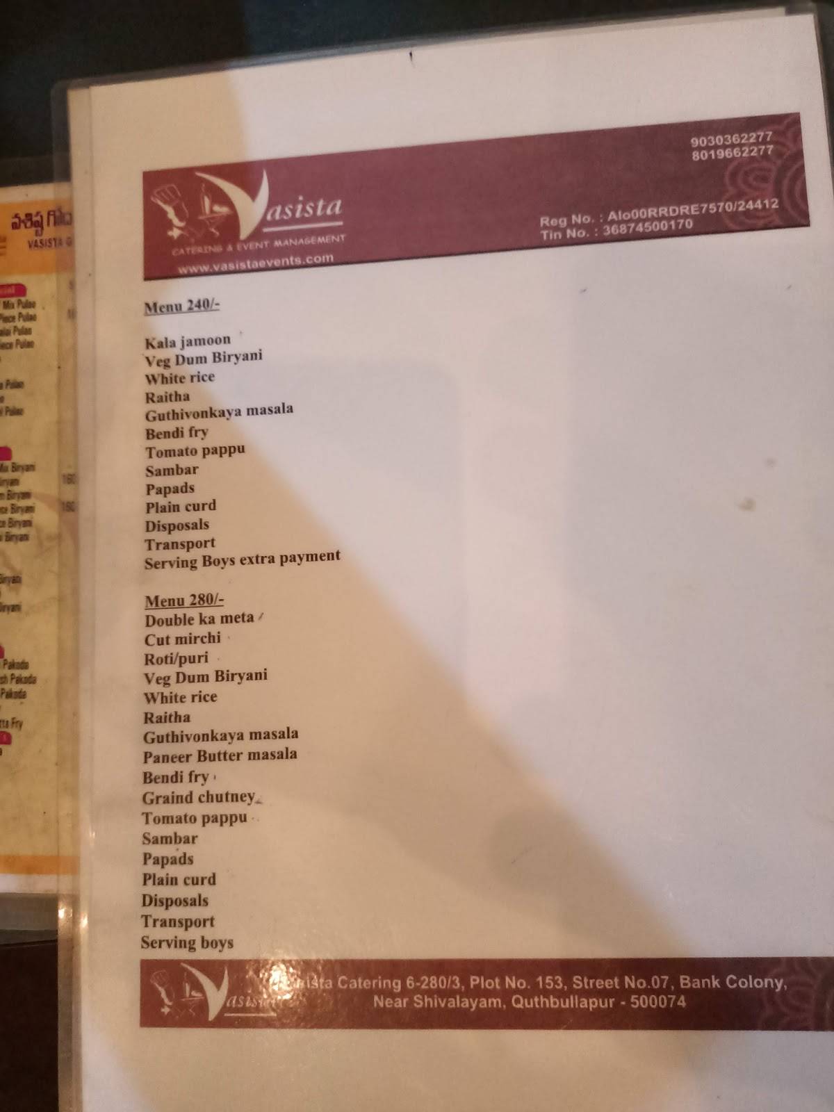 Menu at Vasista Godavari pulao and Dum Biryani, Hyderabad