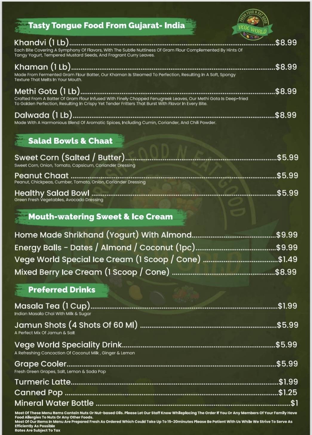 Menu au Vege World restaurant, Moose Jaw