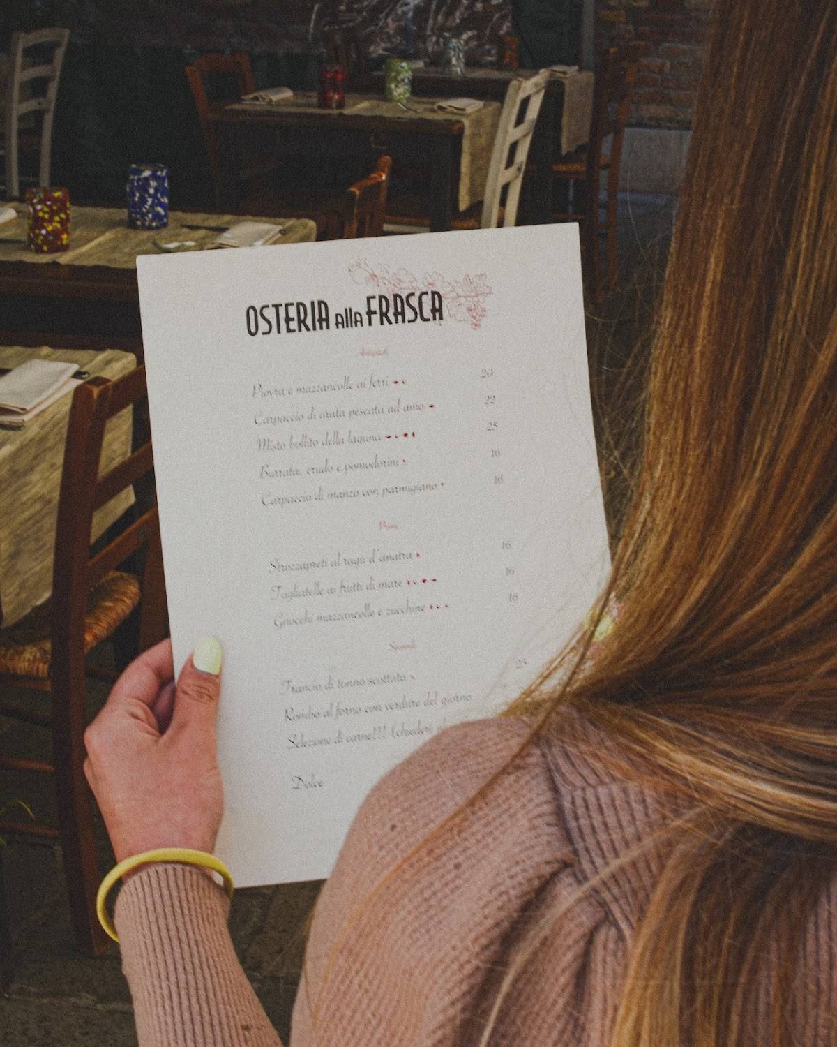 Menu at Osteria Alla Frasca restaurant, Venice, Corte de la Carità