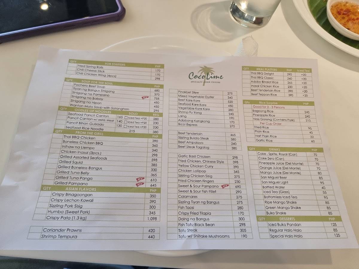 Menu at Veranda by Cocolime restaurant, Subic Bay Freeport Zone