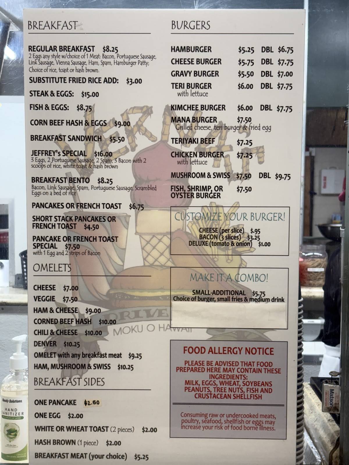 Menu at Verna's Drive In restaurant, Hilo