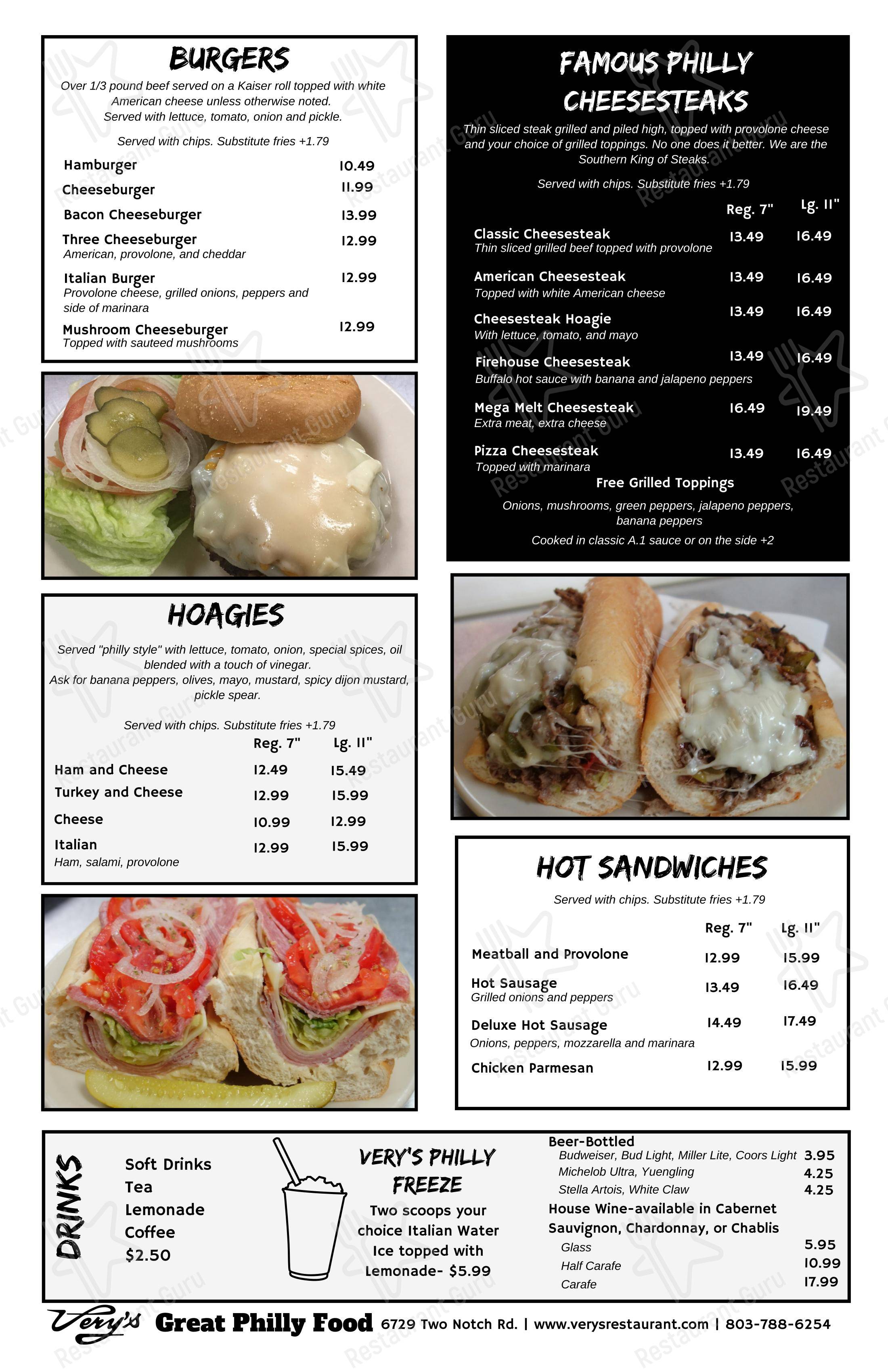 Menu at Very's Great Philly Food pizzeria, Columbia