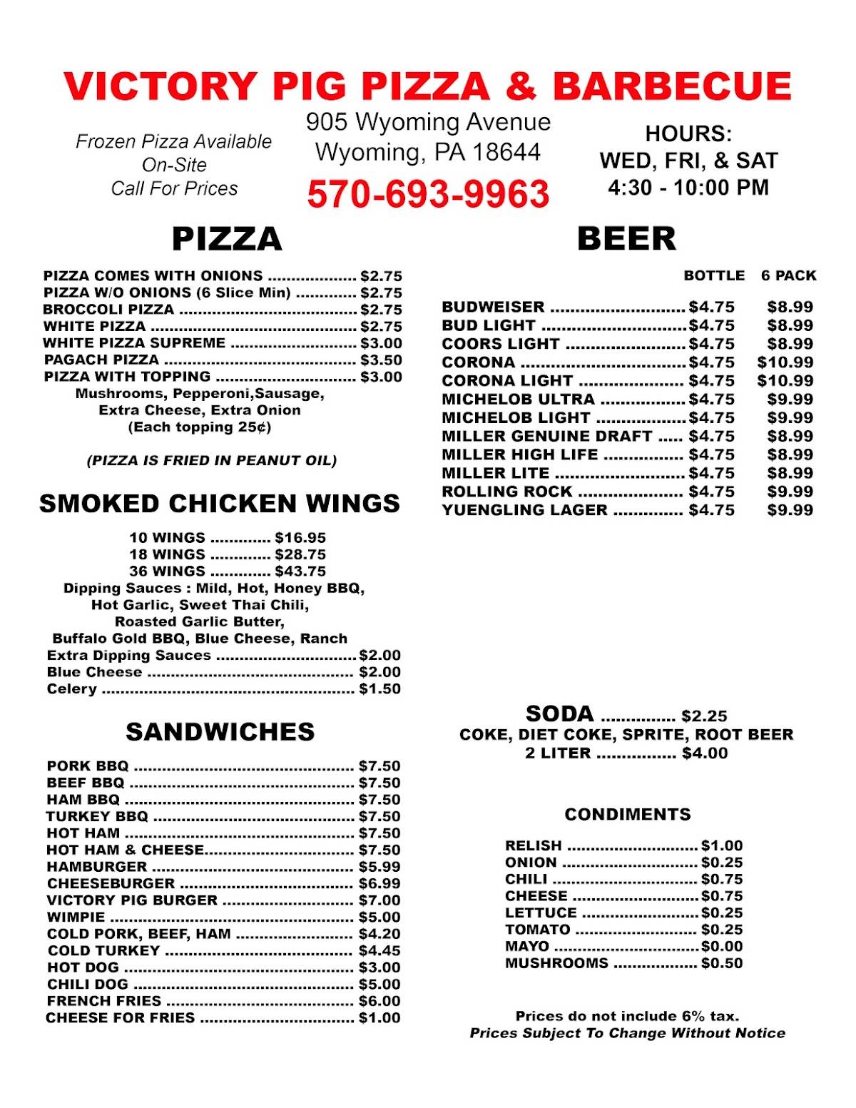 Menu at Victory Pig Pizza & Barbecue, Wyoming