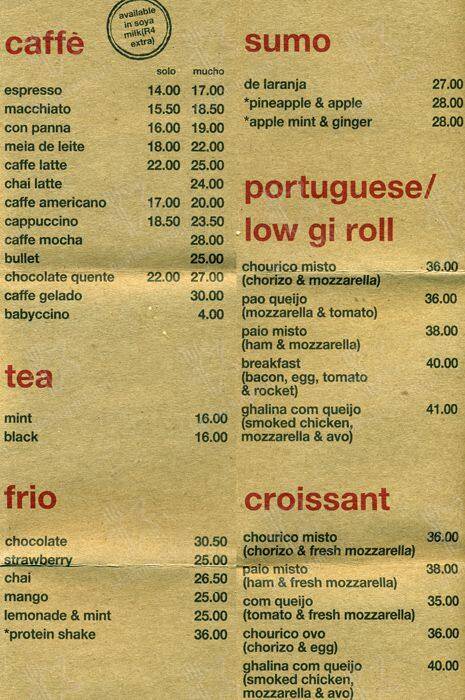 Menu at vida e caffè cafe, Johannesburg, Standard Bank