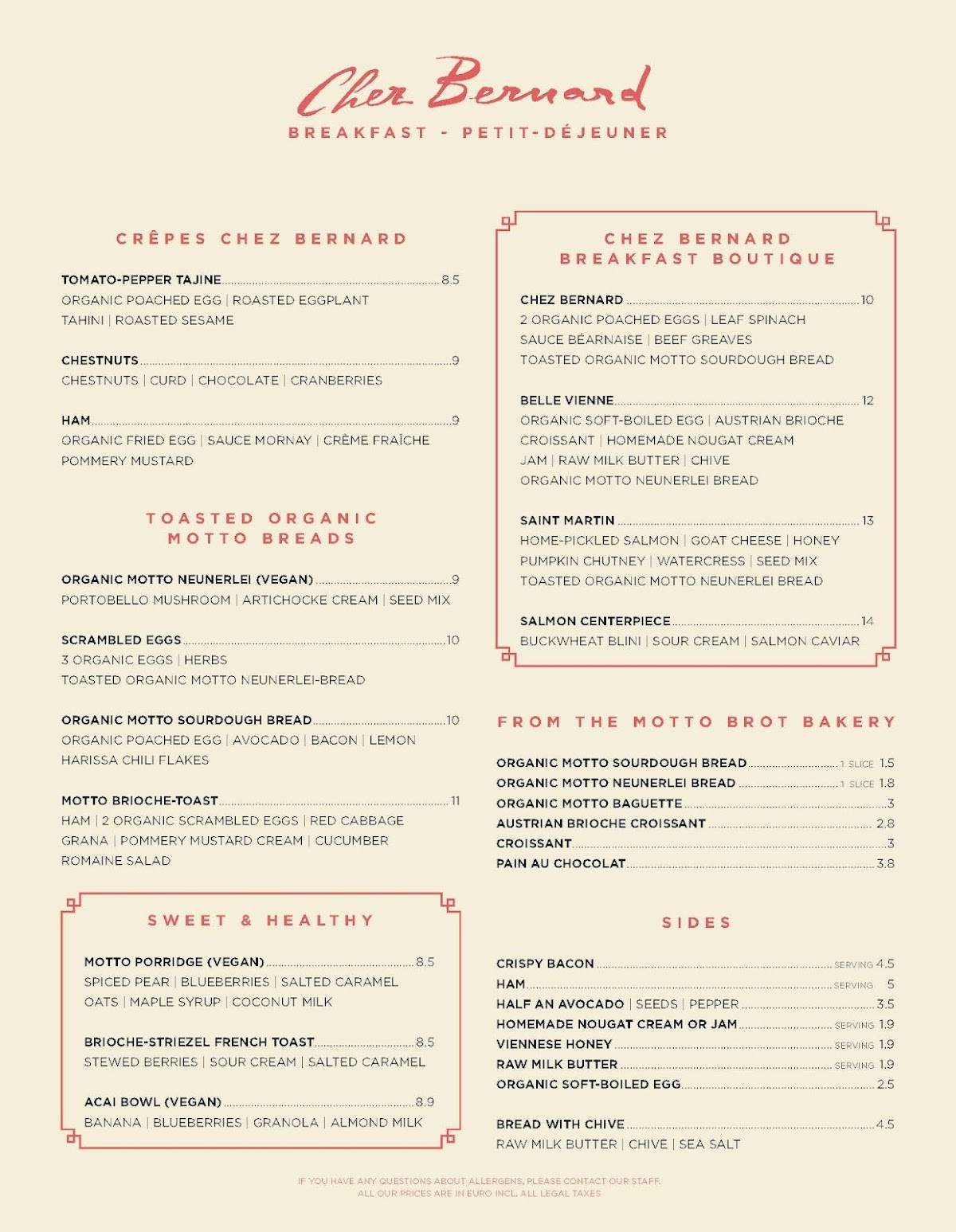 Speisekarte von CHEZ BERNARD Restaurant et Bar, Wien