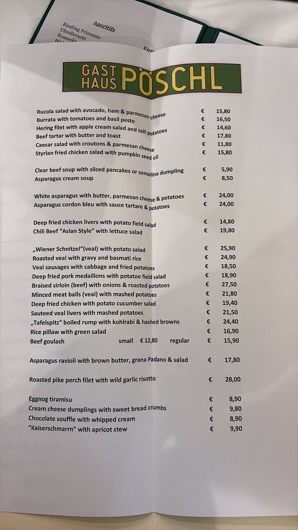 Menu at Gasthaus Pöschl restaurant, Vienna