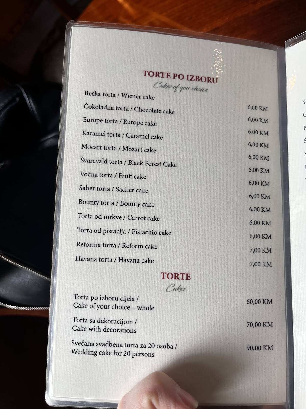 Menu at Viennese Cafe, Sarajevo