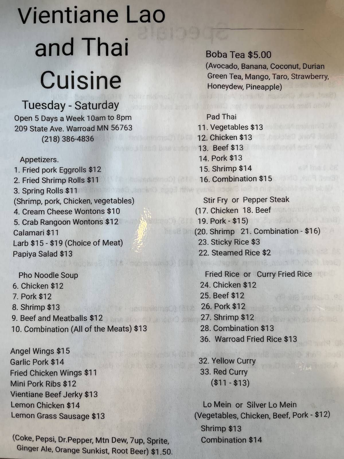 Menu at Vientiane Lao & Thai Cuisine restaurant, Warroad