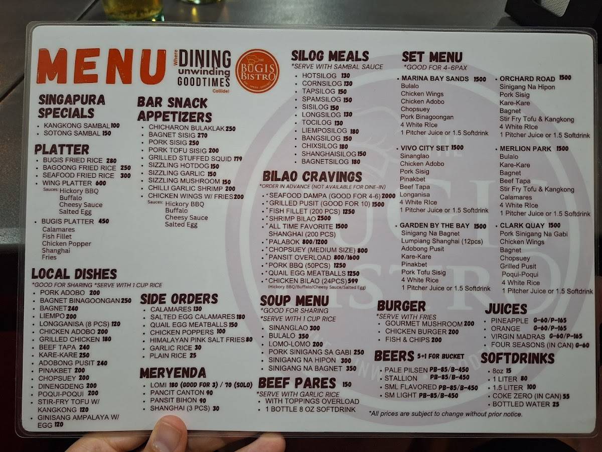 Menu at The Bugis Bistro restaurant, Vigan City