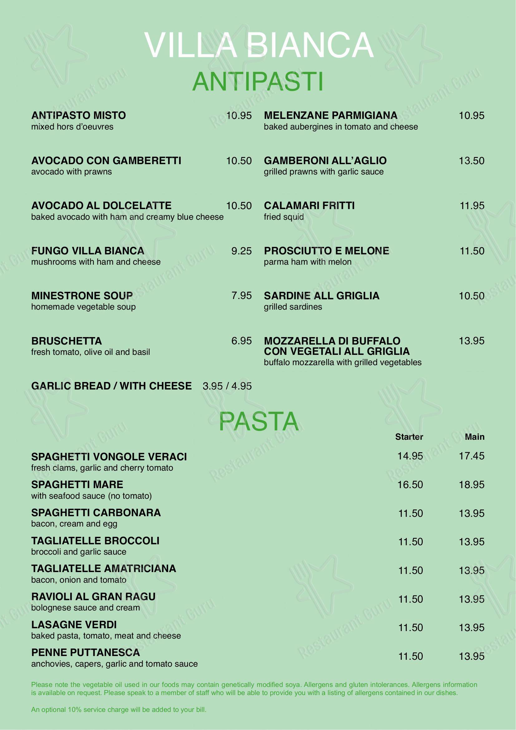 Menu at Villa Bianca restaurant, Camberley