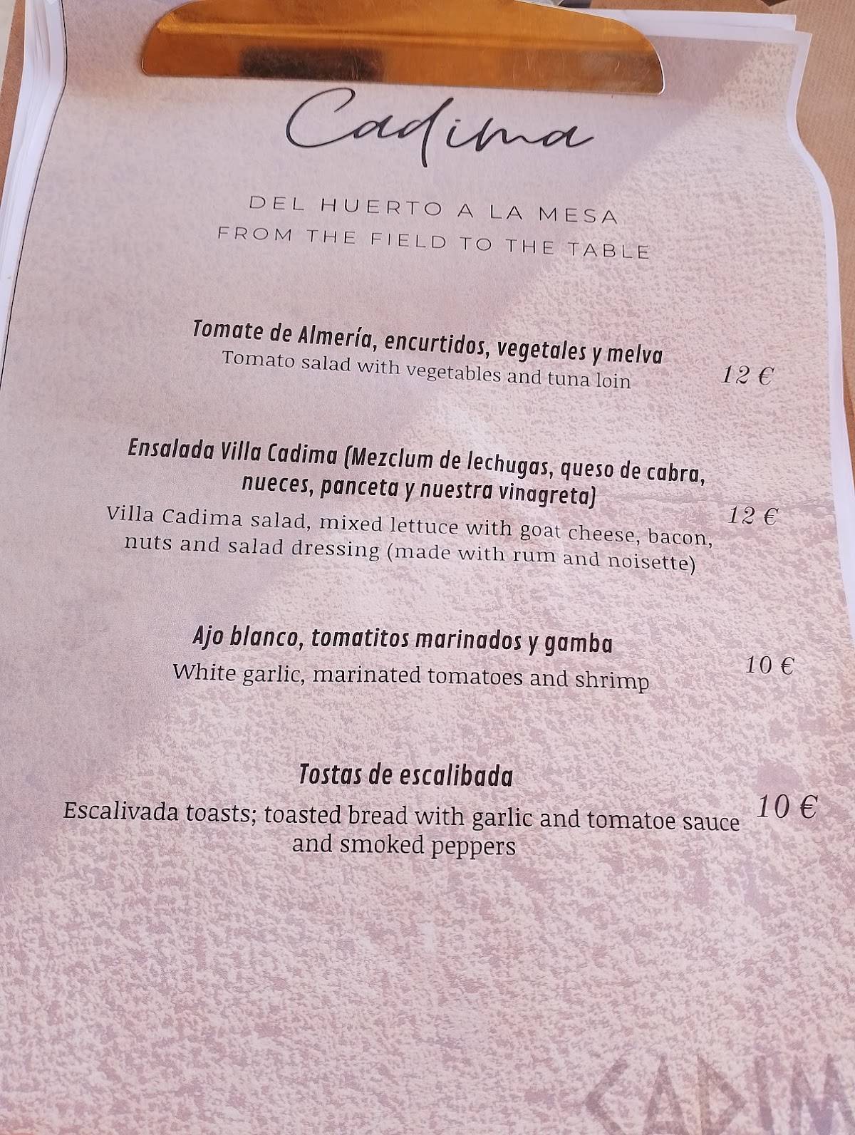 Carta del restaurante Villa Cadima, Los Gallardos