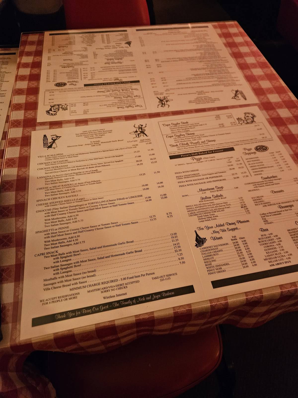Menu at Villa Capri Italian Cuisine pizzeria, Marquette, US-41
