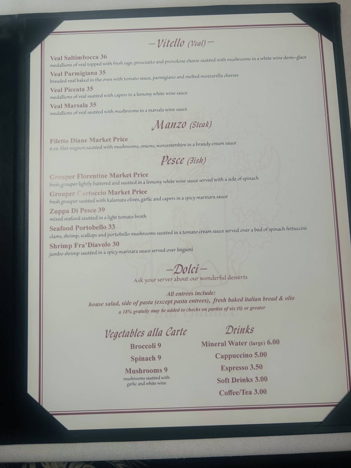 Menu at Villa Gallace restaurant, Indian Rocks Beach