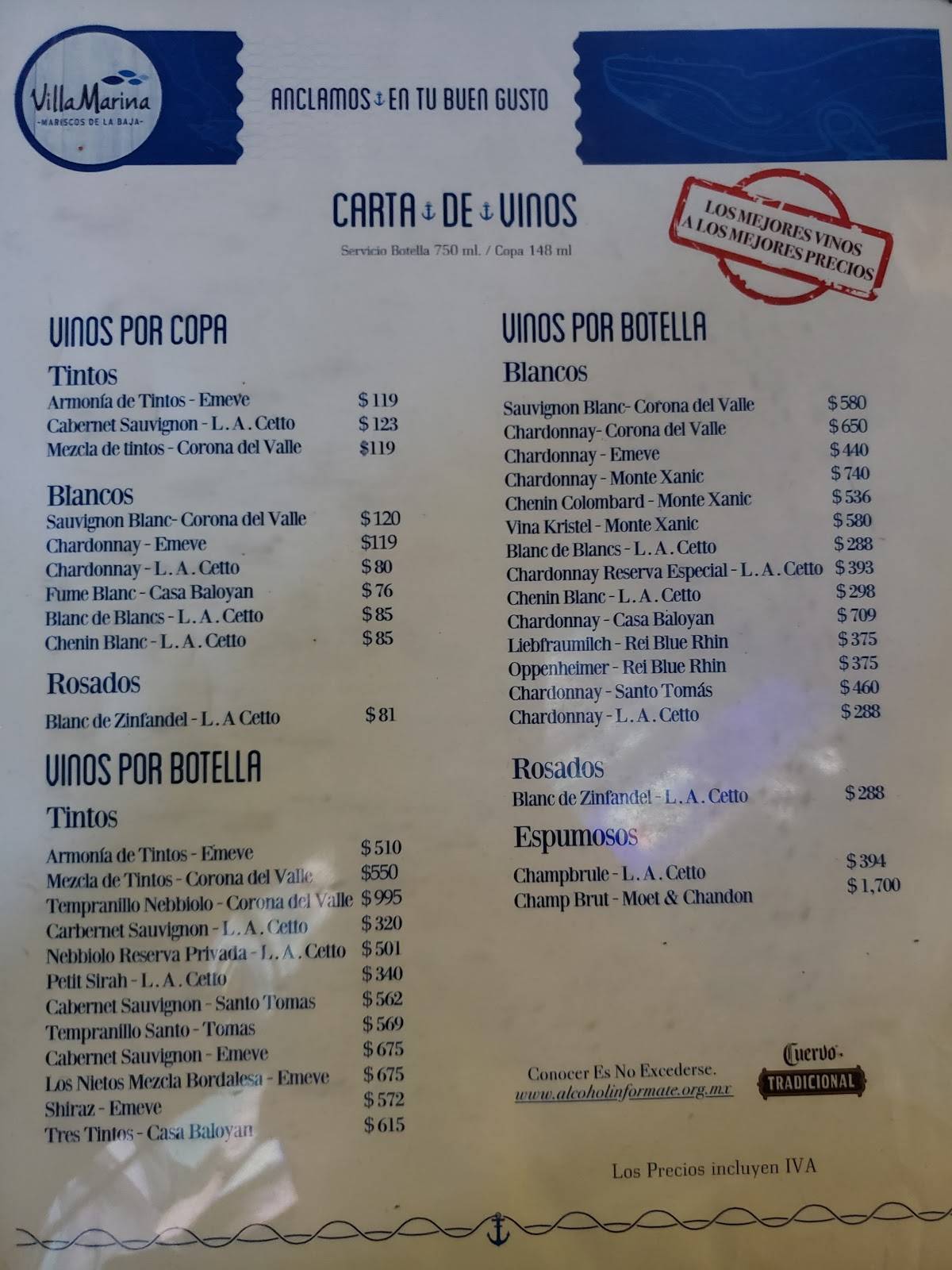 Carta de Villa Marina Restaurante Tijuana, Tijuana, P.º de los Héroes 4449