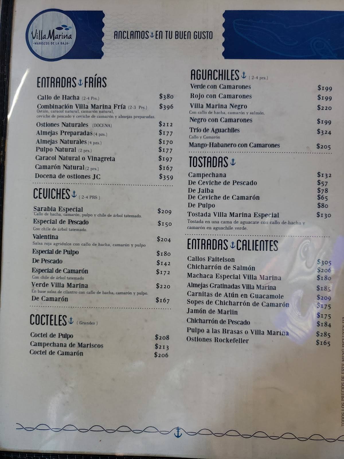 Carta de Villa Marina Restaurante Tijuana, Tijuana, P.º de los Héroes 4449