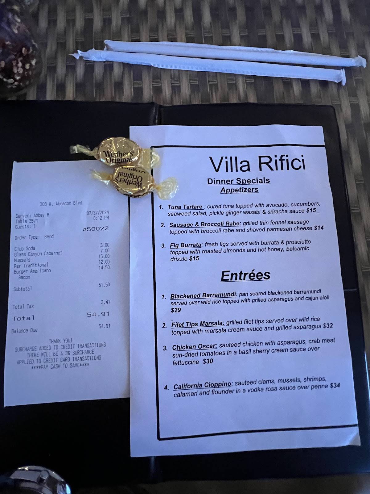 Menu at Villa Rifici restaurant, Absecon, 308 W Absecon Blvd
