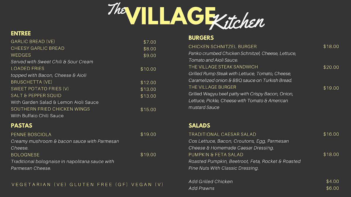 Menu at Village Hotel restaurant, Mount Druitt