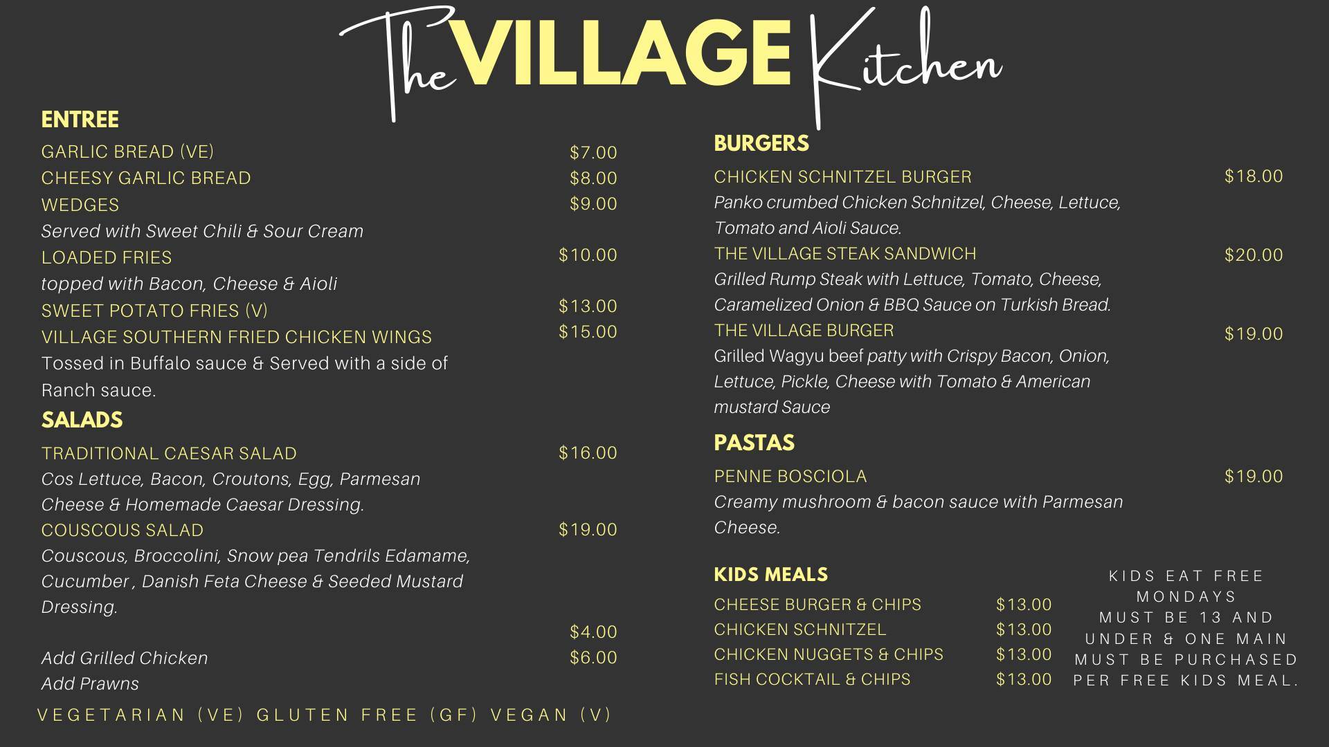Menu at Village Hotel restaurant, Mount Druitt