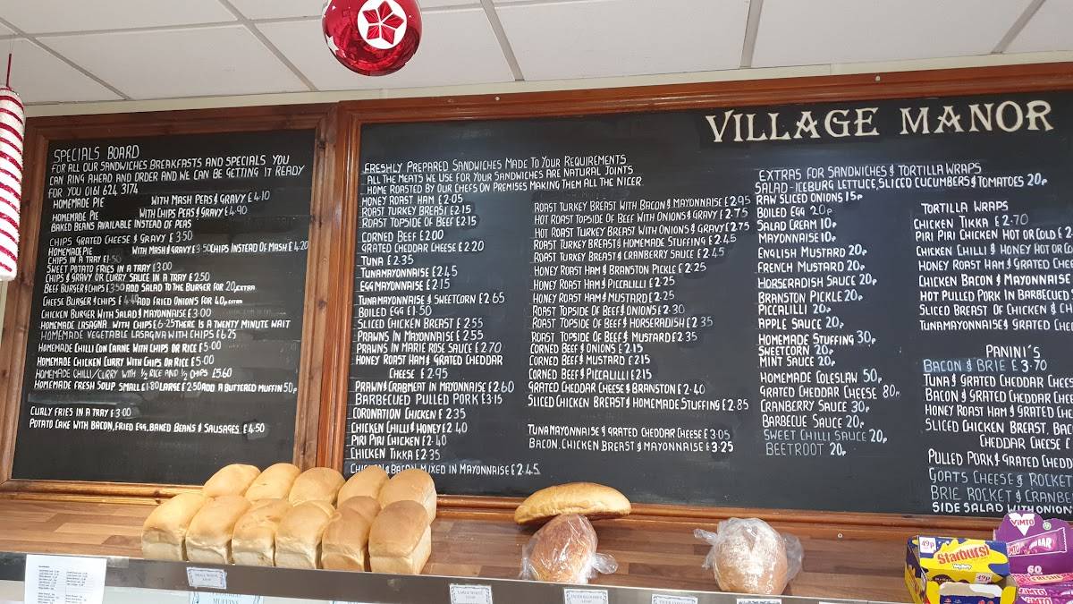 Menu at Village Manor Bakery, Oldham