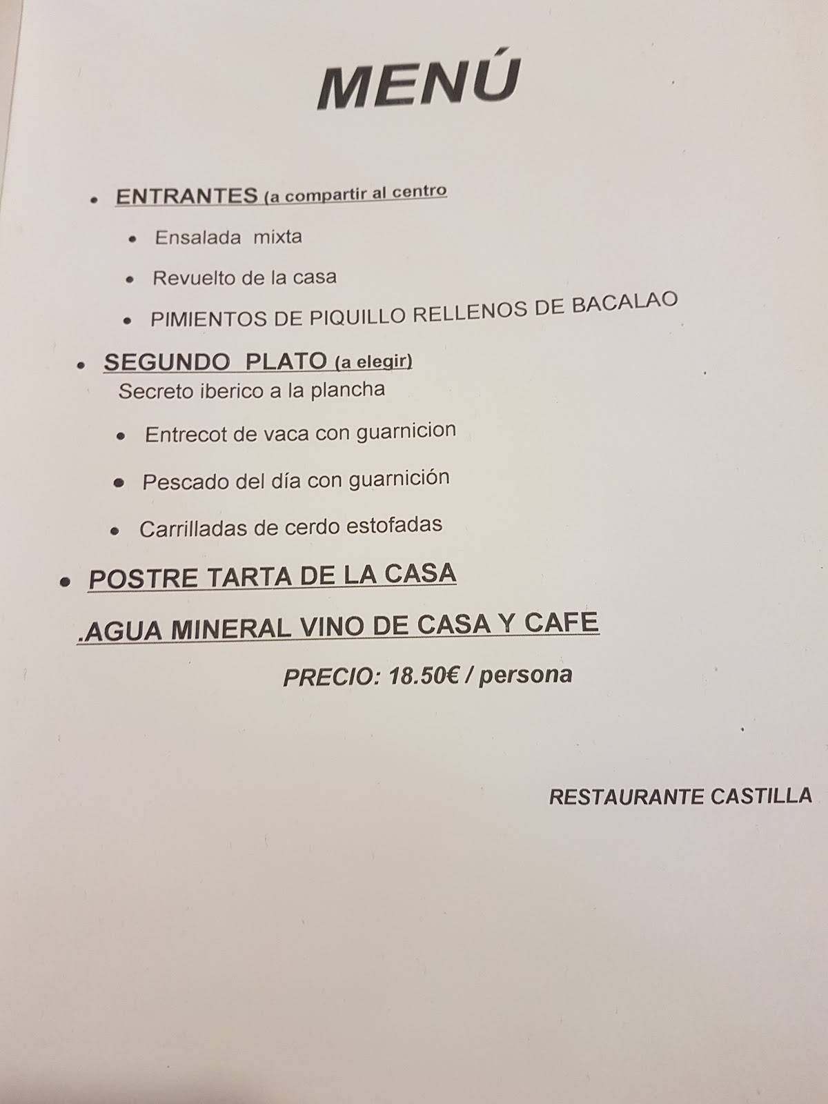 Carta del restaurante Castilla, Villalba del Rey