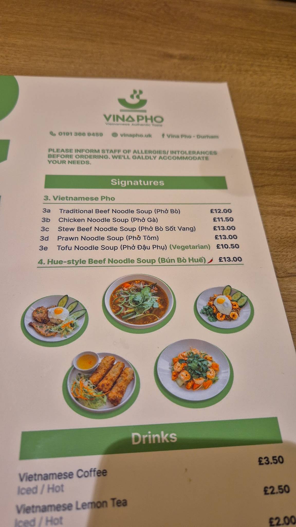 Menu at Vina Pho restaurant, Durham