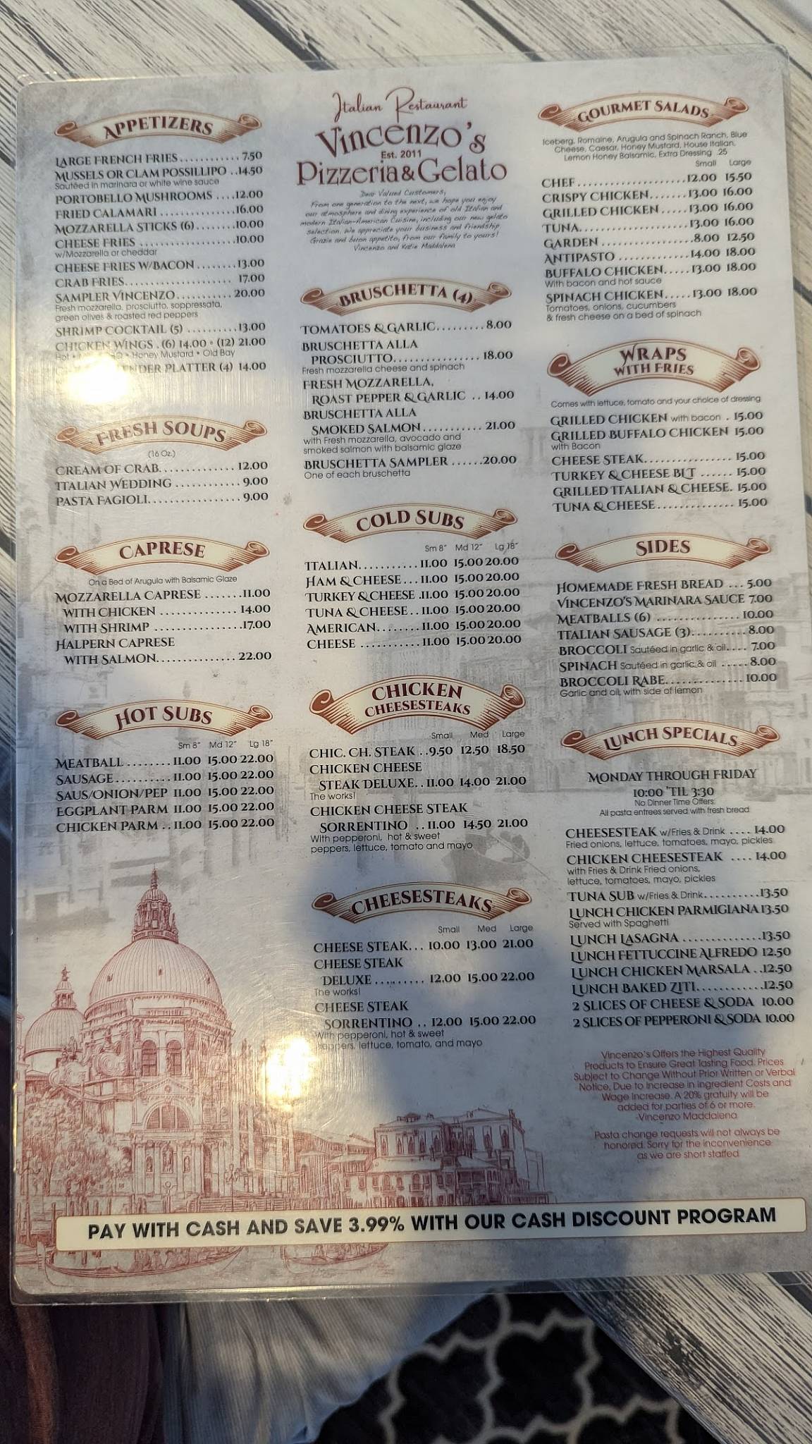 Menu at Vincenzo's Italian Restaurant & Gelato, Dover